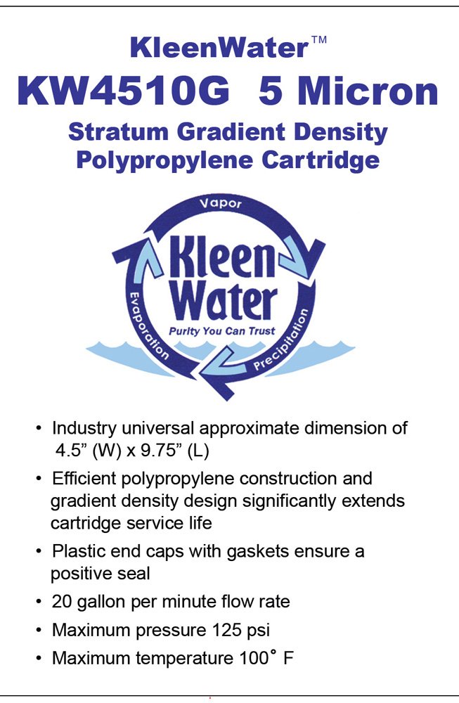 KleenWater 4510G-5M Dirt Rust Sediment Filter Cartridge, 5 Mircon, 4.5 x 9.75 Inch, Compatible With Big Blue DGD-5005 WDGD-5005 WHKF-GD25BB