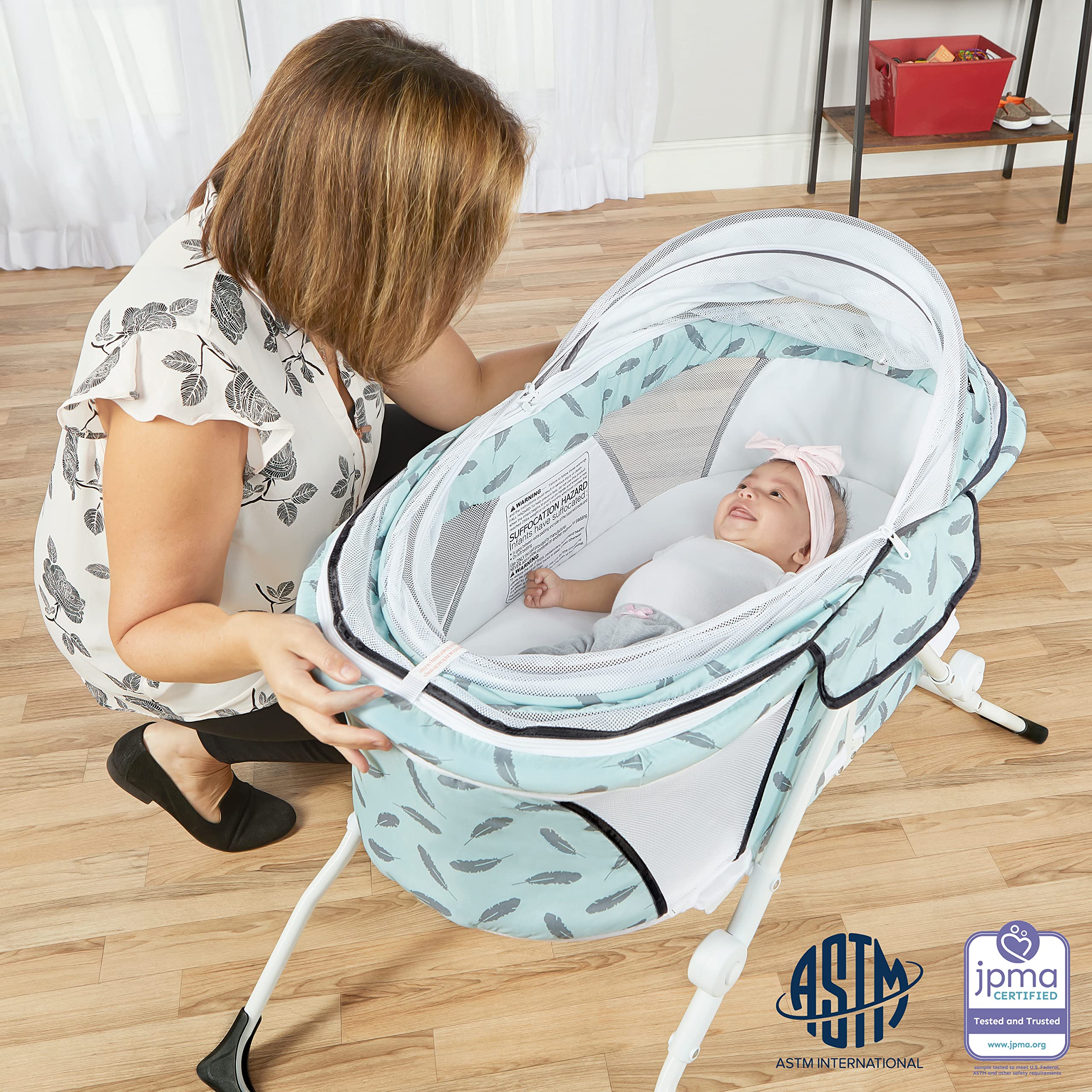 Dream On Me Karley Plus Baby Bassinet, Lightweight Compact Portable Bassinet, Easy and Quick Fold with Removable Double Canopy, Breathable Mesh Design, Ice Black
