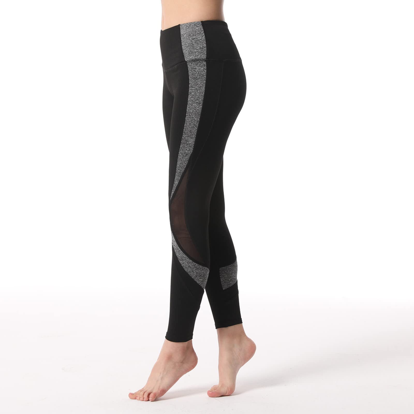 FOXWISH Women's Mesh Panel Side High Waist Yoga Pants Skinny Workout Active Leggings Black Grey S