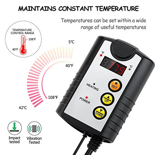 HYDGOOHO Reptile Heat Pad with Thermostat Under Tank Terrarium Heater MET Approved Waterproof Heat Mat Terrarium Accessories for Snake Lizard Hermit Crab Turtle Frog Spiders (8X12`` Pad +Thermostat)
