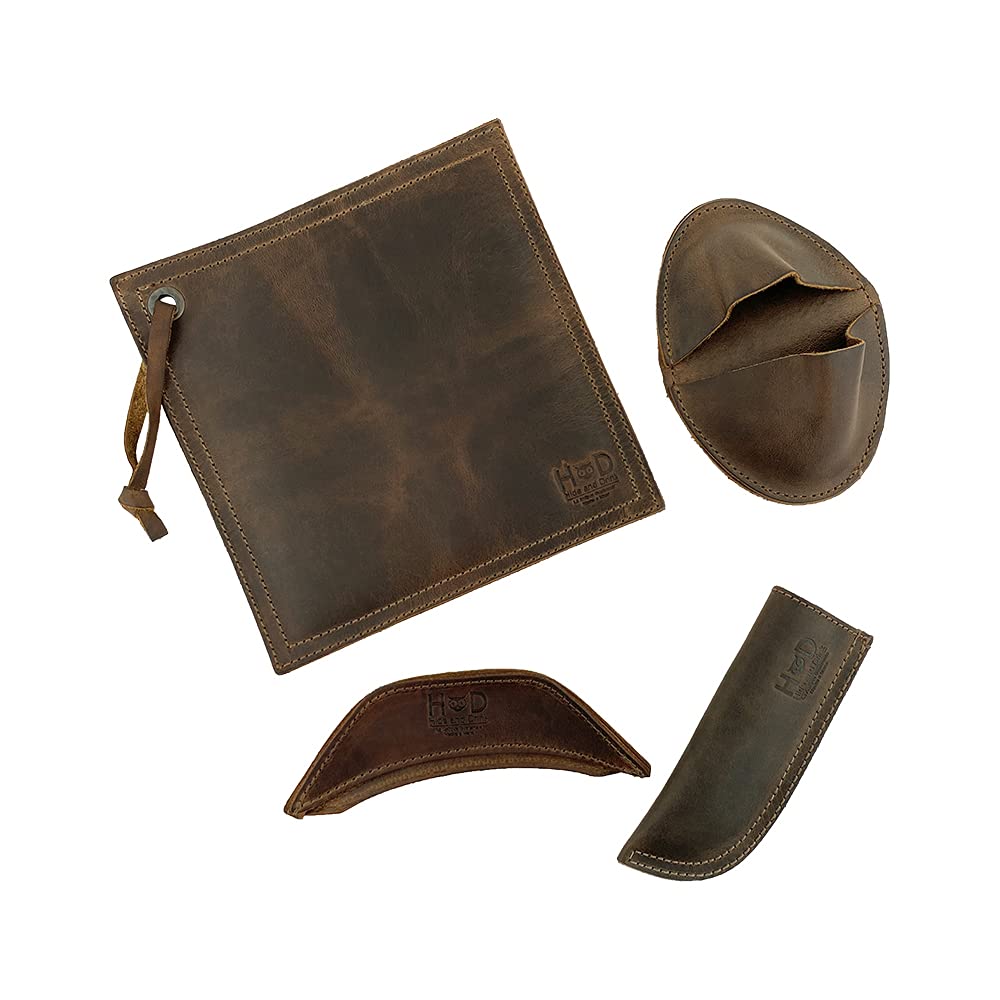 Hide & Drink, Set of 4 Hot Handle Holders, Panhandle, Side Kick, Grip Mitt & Square Pot Holder for Cast Iron Skillets & Pans, Full Grain Leather, Handmade, Bourbon Brown