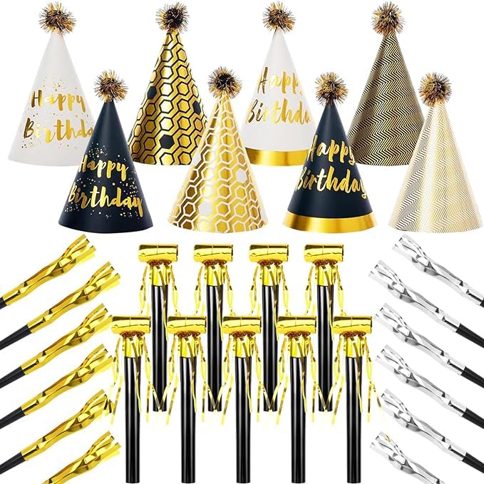 JOYEONDEF 30 Pcs Gold Birthday Party Hats Gold Cone Hats Includes 8 Birthday Paper Hats and 22 Gold Noise Makers (Black and gold suit)