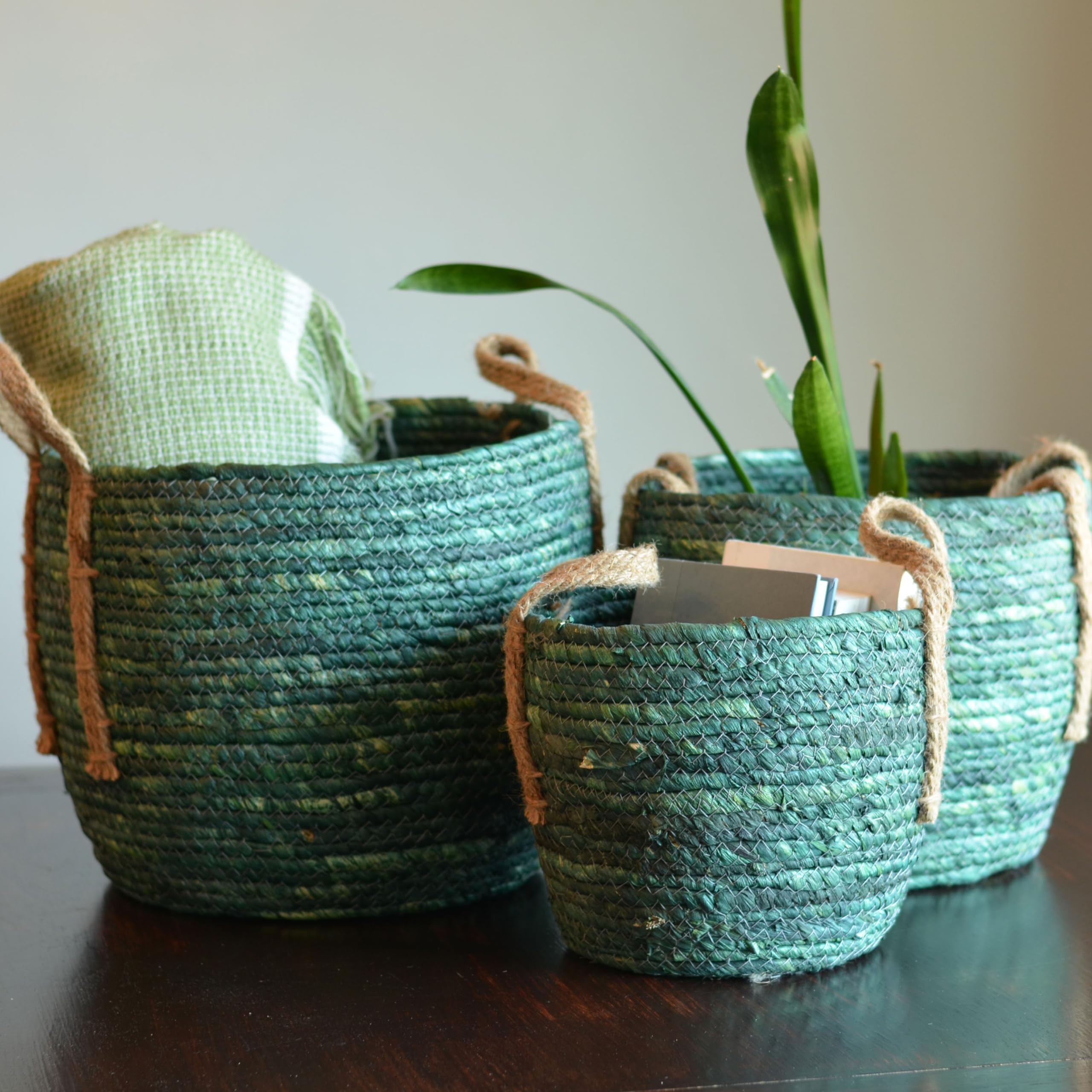 Farmers 3 Piece Basket Set, Green Dye Soaked Floor and Shelf Organizers, Corn Husk Wicker, Durable Chunky Rope Weave, Handles, Stitched, Reinforced, Rustic Home Decor, Round, 13, 11, 9 Inches