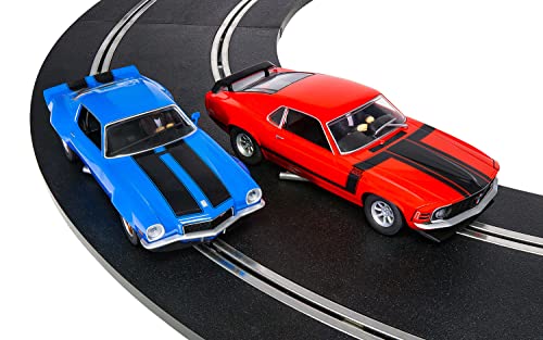 Scalextric American Street Duel 1970's Camaro vs. Mustang 1:32 Slot Car Race Track Set C1429T, Blue & Red