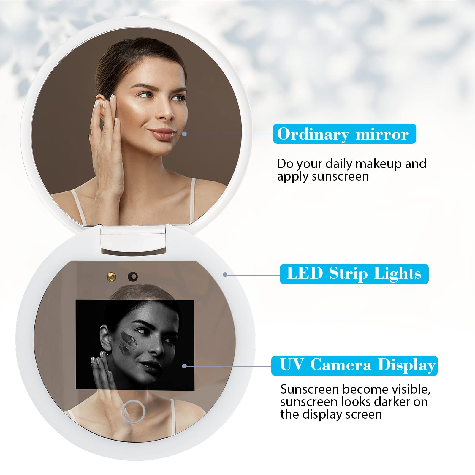 HOTMUZ Sunscreen Testing Mirror with UV Camera for Sun Skin Care,Travel Makeup Mirror with Lights Checking Sunscreen for Face, Sunscreen Detector for Skin Sun Protection,Led Mirror Makeup