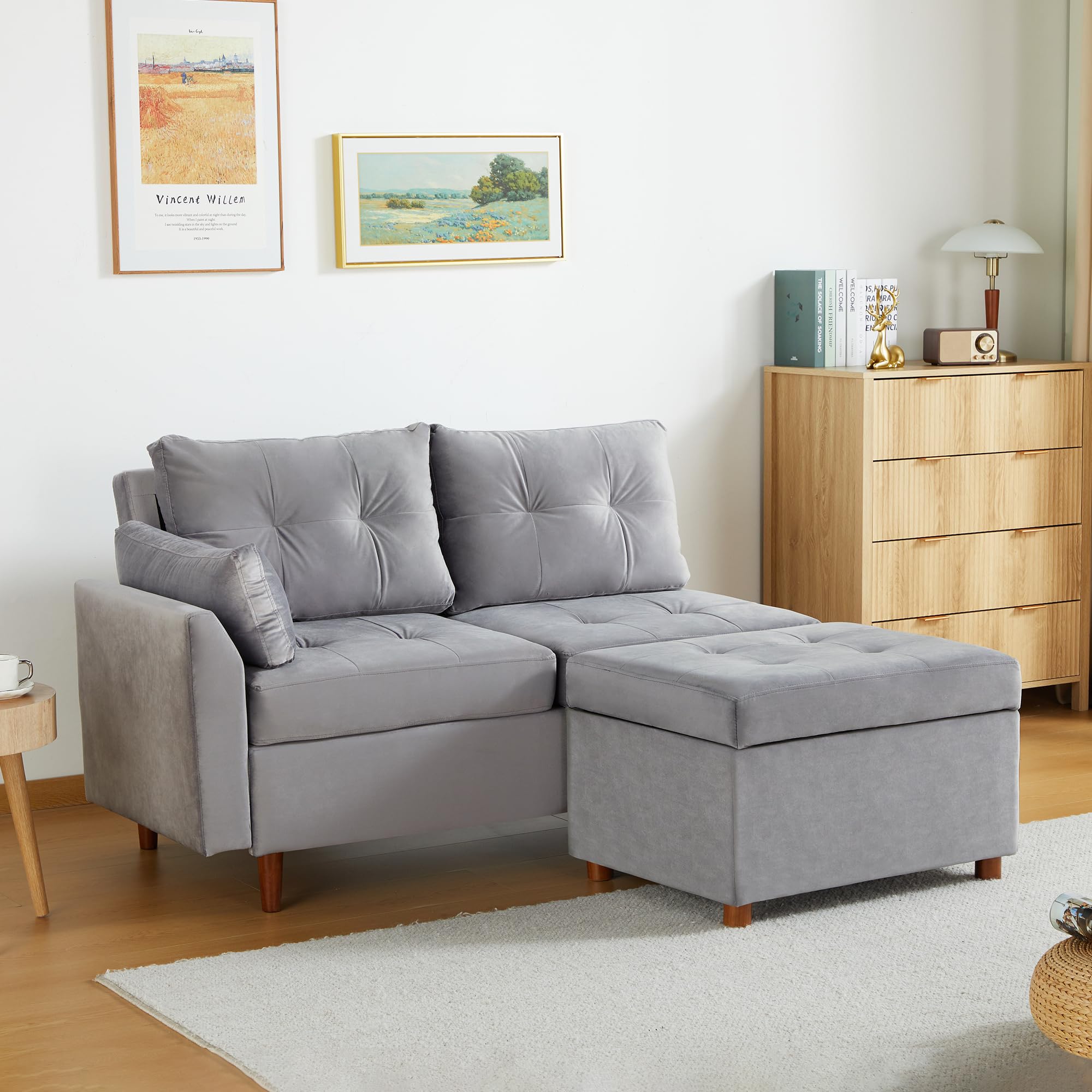LEVNARY Sectional Sofa Chaise, L-Shaped Loveseat Couch with Storage Ottoman, Velvet Comfy Upholstered Sleeper Sofa Chaise Lounge for Living Room, Office, Apartment, Home (Gray)
