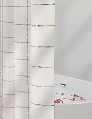 SUMGAR Cotton Shower Curtain Boho Farmhouse Shower Curtains for Bathroom with Tassels & Hooks, White Fabric Grey Checkered Bohemian Fringe Shower Curtain Set, 72" x 72"