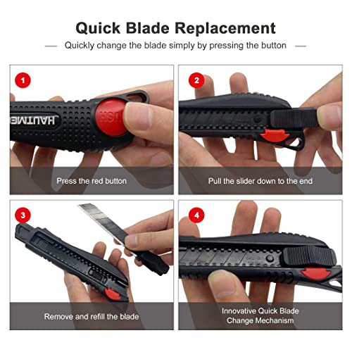 HAUTMEC 18mm Utility Knife Box Cutter with Quick Change Button and 10pcs Blade Set, Retractable Snap off Black SK2 Ultra Sharp Blade, Anti-Slip Ergonomic Rubber Handle HT0094-KN