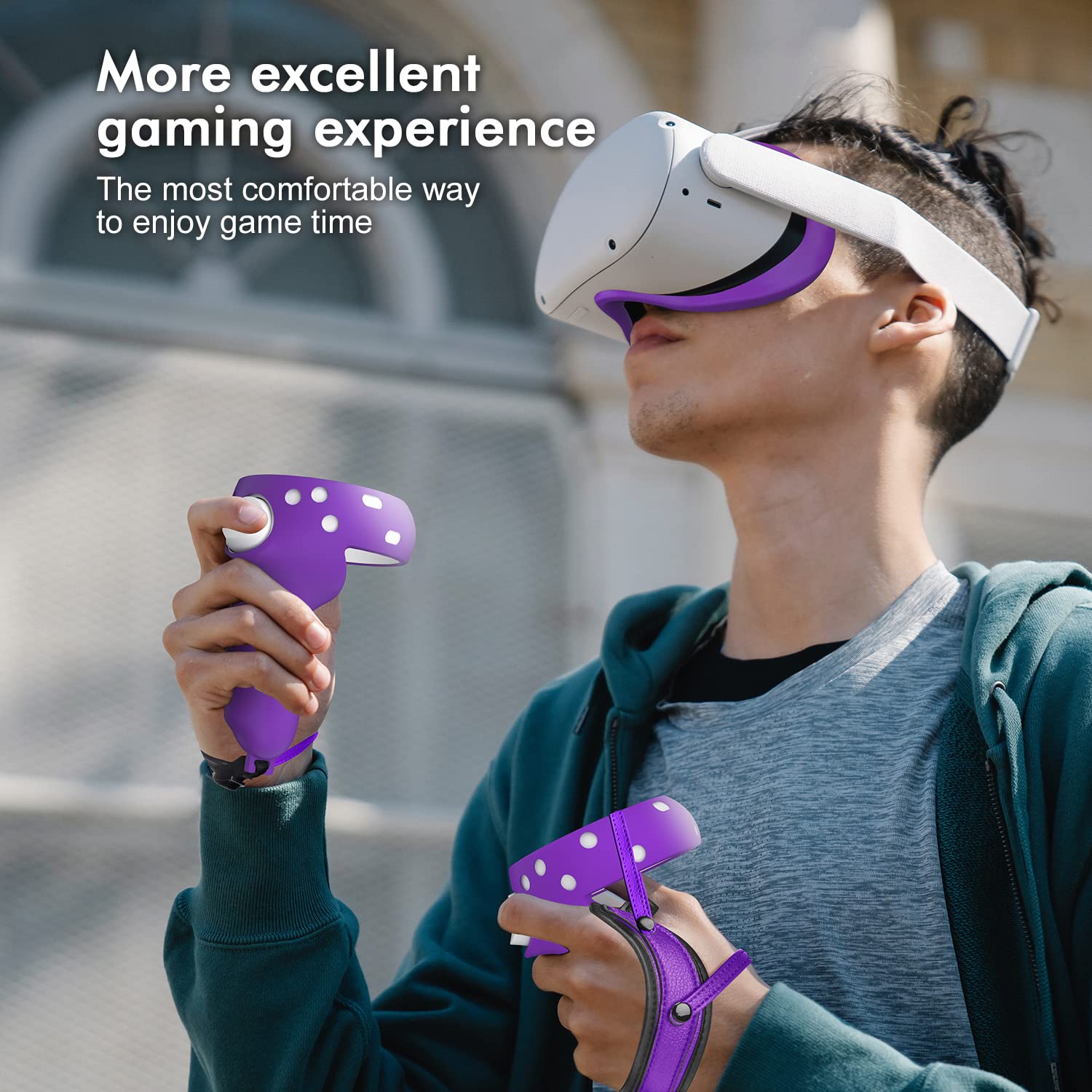 EWalos Accessories for Oculus/Meta Quest 2, Touch Controller Leather Grip Cove, Face Cover and Lens Protective Cover, Sweat-Proof, Light-Proof, Anti-Throw and Comfort-Enhancing Accessories Set(Purple)