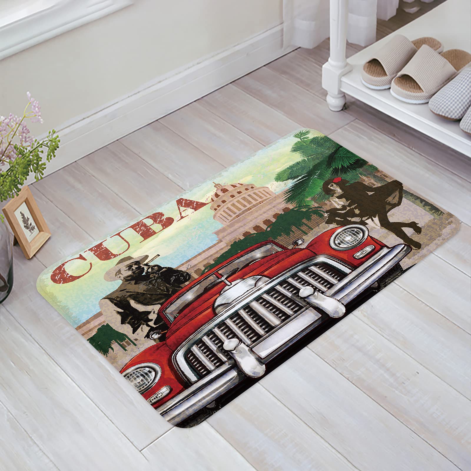 Front Door Mat Floor Mats for Home Decor, Vintage Cuba Memory Foam Runner Entryway Area Rug Non-Slip Absorbent Doormat Washable Rug, 18x30Inch Welcome Mats for Bedroom Decor Living Room Decor