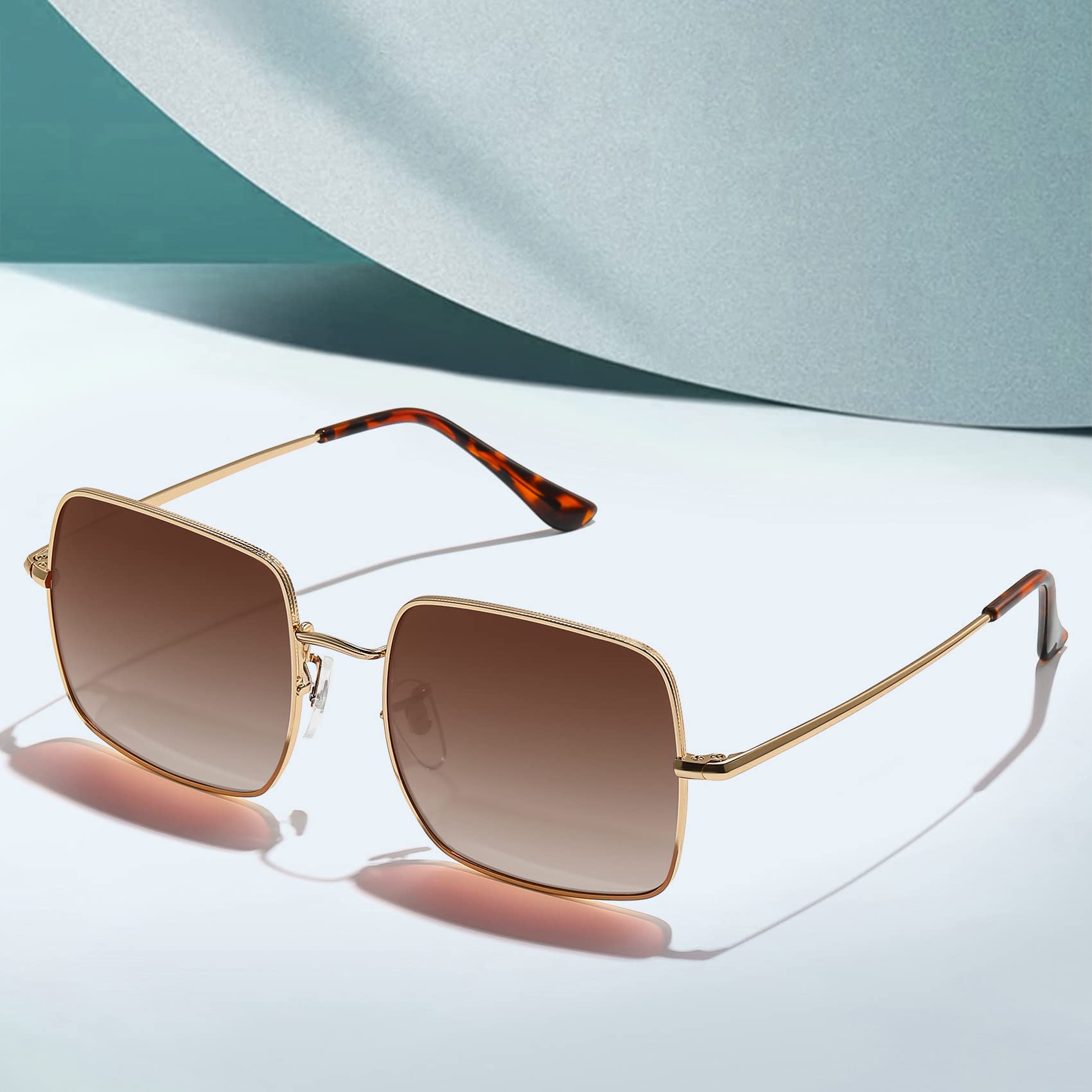 Fozono Rectangle Polarized Sunglasses for Women Metal Frame Vintage Fashion Shades(Gold Frame and Brown Lens)