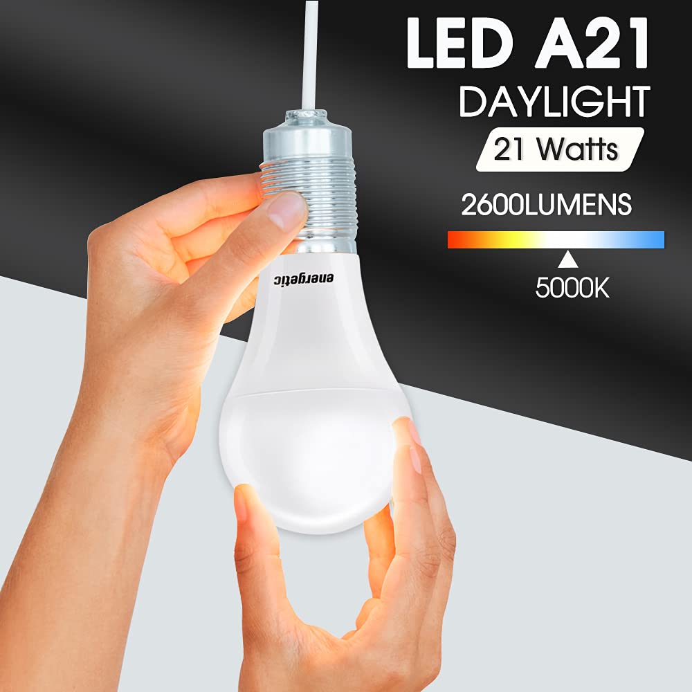 ENERGETIC A21 LED Light Bulb 150 Watt Equivalent, 2600LM Dimmable Bright LED Bulbs, Daylight 5000K, Damp Rated, E26 Base, UL Listed, 4 Pack