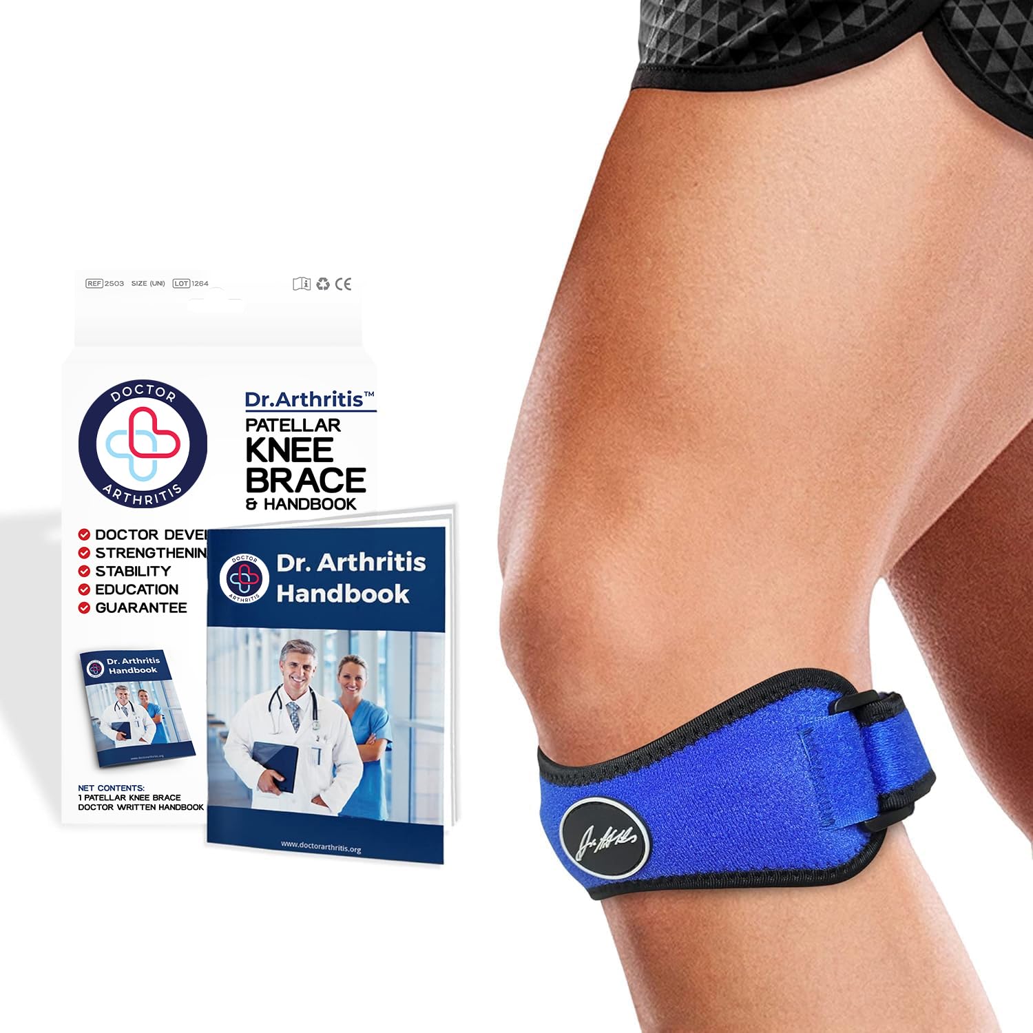 Doctor Developed Patella Tendon Strap/Knee Strap/Brace and Handbook ā for Patellar Tendonitis (Jumperās Knee), Pfps (Runnerās Knee), ITBS, Chondromalacia, Patellar Tracking (Blue, Single)