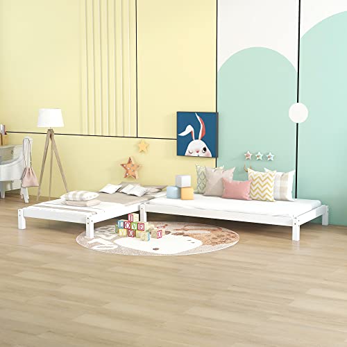 Merax Modern Solid Wood Bed Frame Mattress Foundation, Stackable Day Bed No Box Spring Needed Twin White