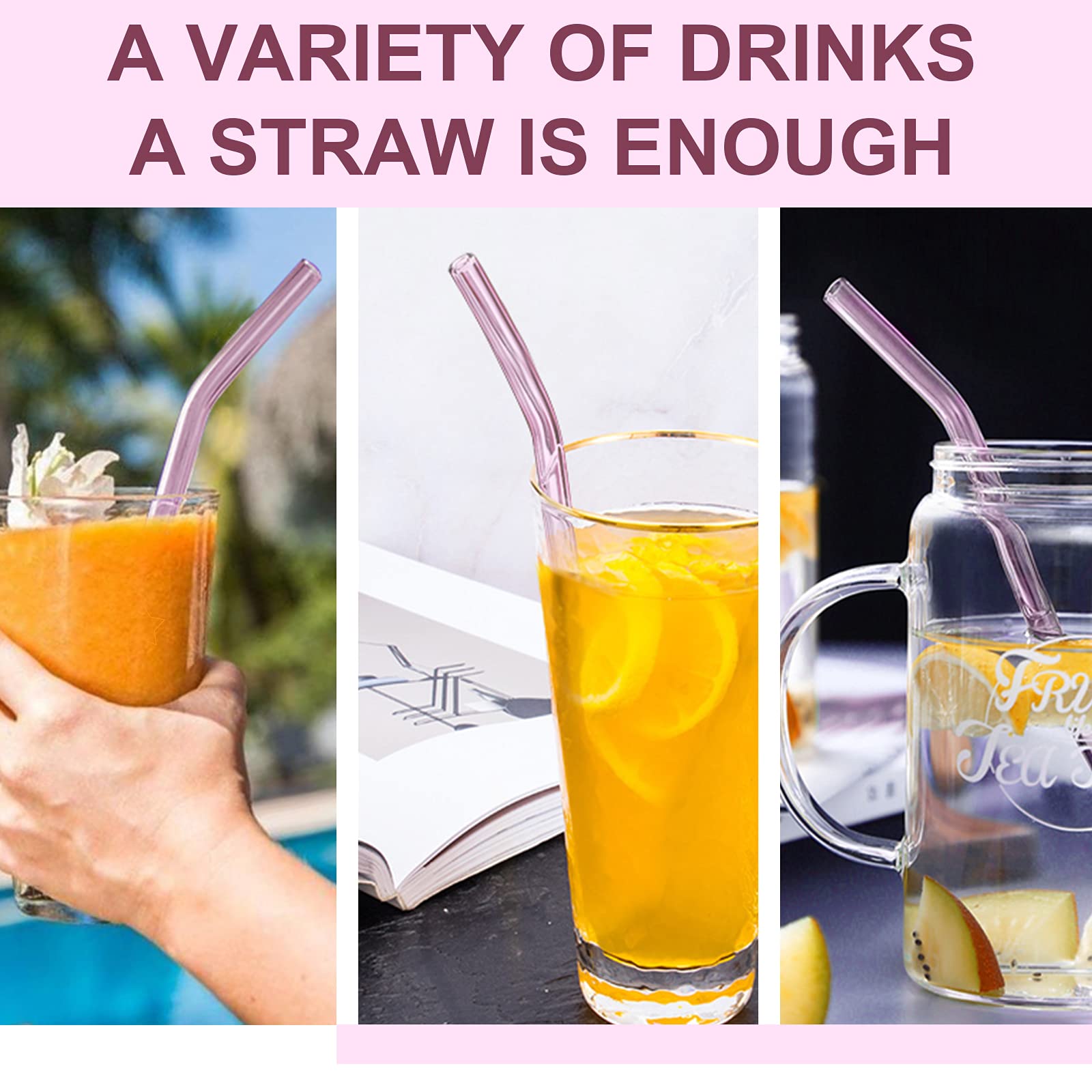 Glass Straw - 10pcs Pink Bent Glass Straw Set, 8'' Reusable Straws With Cleaning Brush For Tumblers, Tervis, Starbucks Cups, Mason Jars - STRAW0020-TR-10 (Pink Bent 10pcs) (Pink 10pcs)