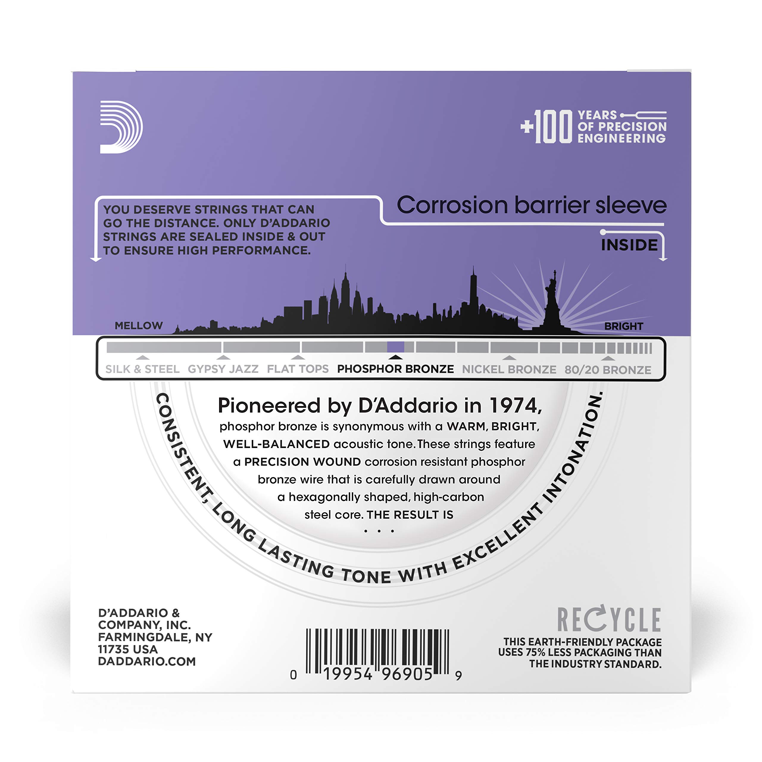 D'Addario Guitar Strings - Phosphor Bronze Acoustic Guitar Strings - EJ26-10P - Rich, Full Tonal Spectrum - For 6 String Guitars - 11-52 Custom Light, 10-Pack