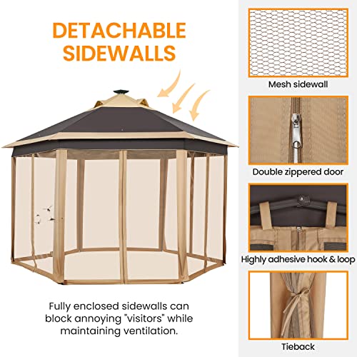 Topeakmart Instant Pop-up Gazebo 13 x 13 Canopy Tent Shelter with 25 Solar LED Lights, Mesh Netting Sides, Storage Bag, Bonus Weight Sandbags, Stakes, Ropes, Khaki & Brown