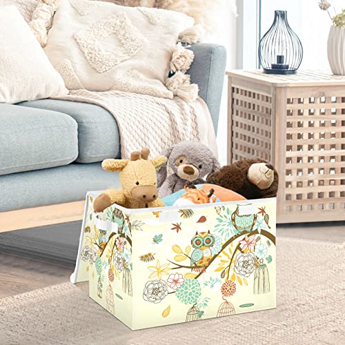 innewgogo Owl Autumn Floral Storage Bins with Lids for Organizing Foldable Storage Box With Lid with Handles Oxford Cloth Storage Cube Box for Pets Toys