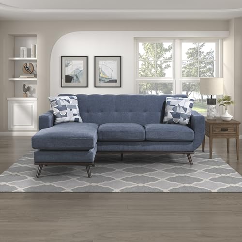 Lexicon Small Couch Mid Century Modern Sofa Living Room Sofa Couch with 2 Accent Pillows, Button Tufted Upholstered Small Sofa for Bedroom/Office/Apartment, Reversible L Shape Couch, Blue Chenille