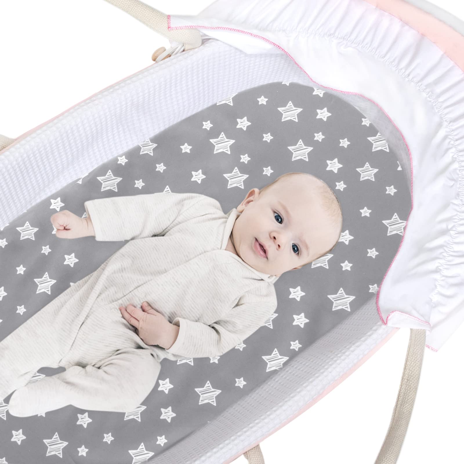 Fitted Bassinet Sheets Set 2 Pack for Baby Boy, Universal Fit for Oval, Hourglass and Rectangular Mattress, Grey&Navy