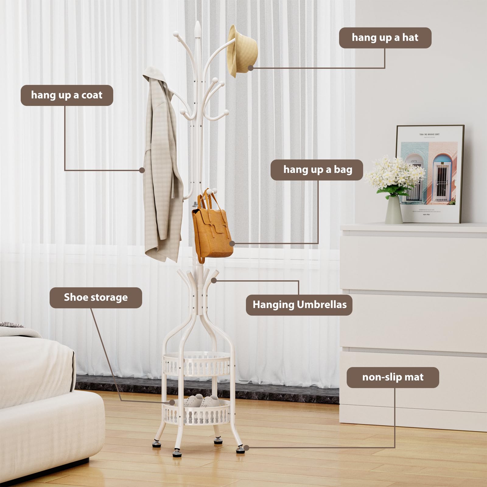 LAZEYARD Modern Metal Coat Rack Stand with Double Layer Basket,Coat Rack Freestanding Hat Hall Tree with 12 Hooks For Hanging Scarf,Bag,Jacket,Hat Coat Hanger Stand for Home Entry-way,Bedroom,Office