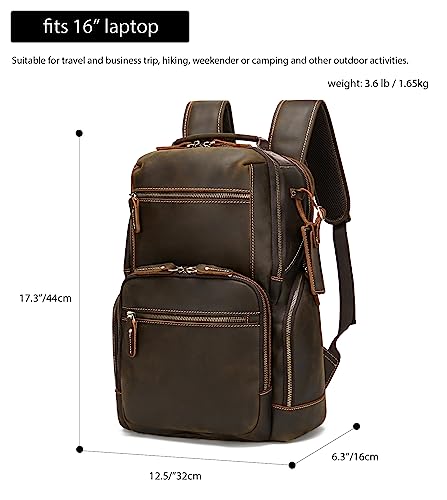 LANNSYNE Vintage Full Grain Genuine Leather Backpack For Men, fits 16" Laptop Travel Hiking Bag Camping Rucksack Brown