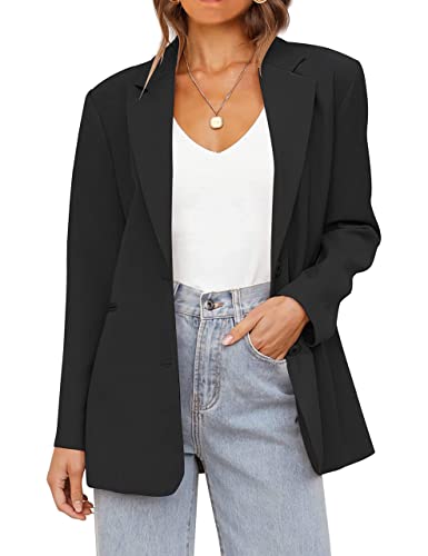 MEROKEETY Women's 2023 Fall Casual Blazers Long Sleeve Lapel Open Front Button Work Blazer Jackets with Pockets, Black, M