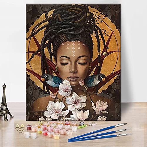 TUMOVO Paint by Number for Adults, African Girls Abstract Paint by Numbers, Lucky Girl Paint by Numbers for Adults Beginner, Flower Braids Girl Flower Picture Oil Painting Canvas Wall Art “16x20”