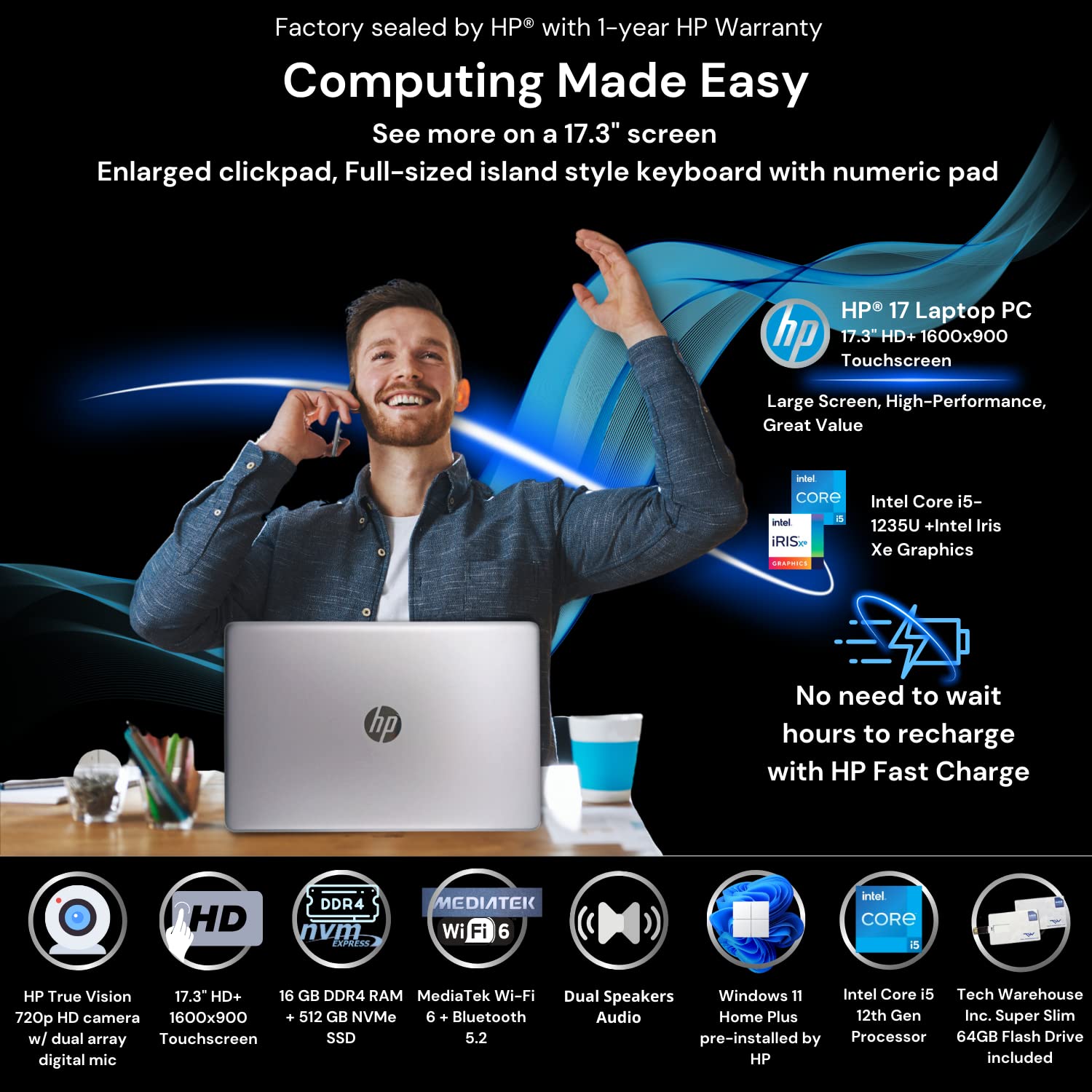 HP 17t Laptop Intel Core i5 12th Gen, 16 GB RAM, 512 GB SSD, Win 11 Home, 17.3" HD+ Touchscreen, Natural Silver, 3 Cell Battery, 64 GB TW flashdrive