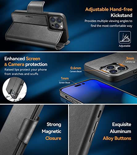 voscu Detachable Wallet Case for iPhone 14 Pro Max 6.7'' Compatible with MagSafe, Support Wireless Charger, Vegan Leather Flip Folio Magnetic Phone Case with Card Holders [RFID Blocking]-Black