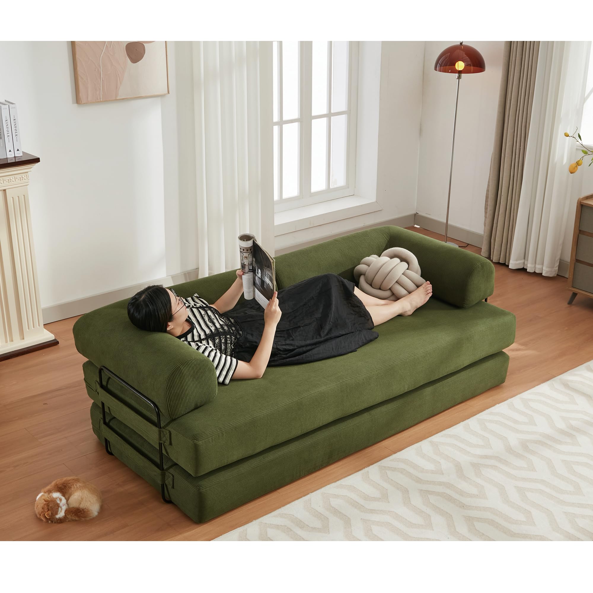 Lakifun 78.5" Folding Convertible Out Sleeper Sofa Bed, 4-in-1 DIY Combination Convertible Corduroy 3 seat Folding Sofa (Green)