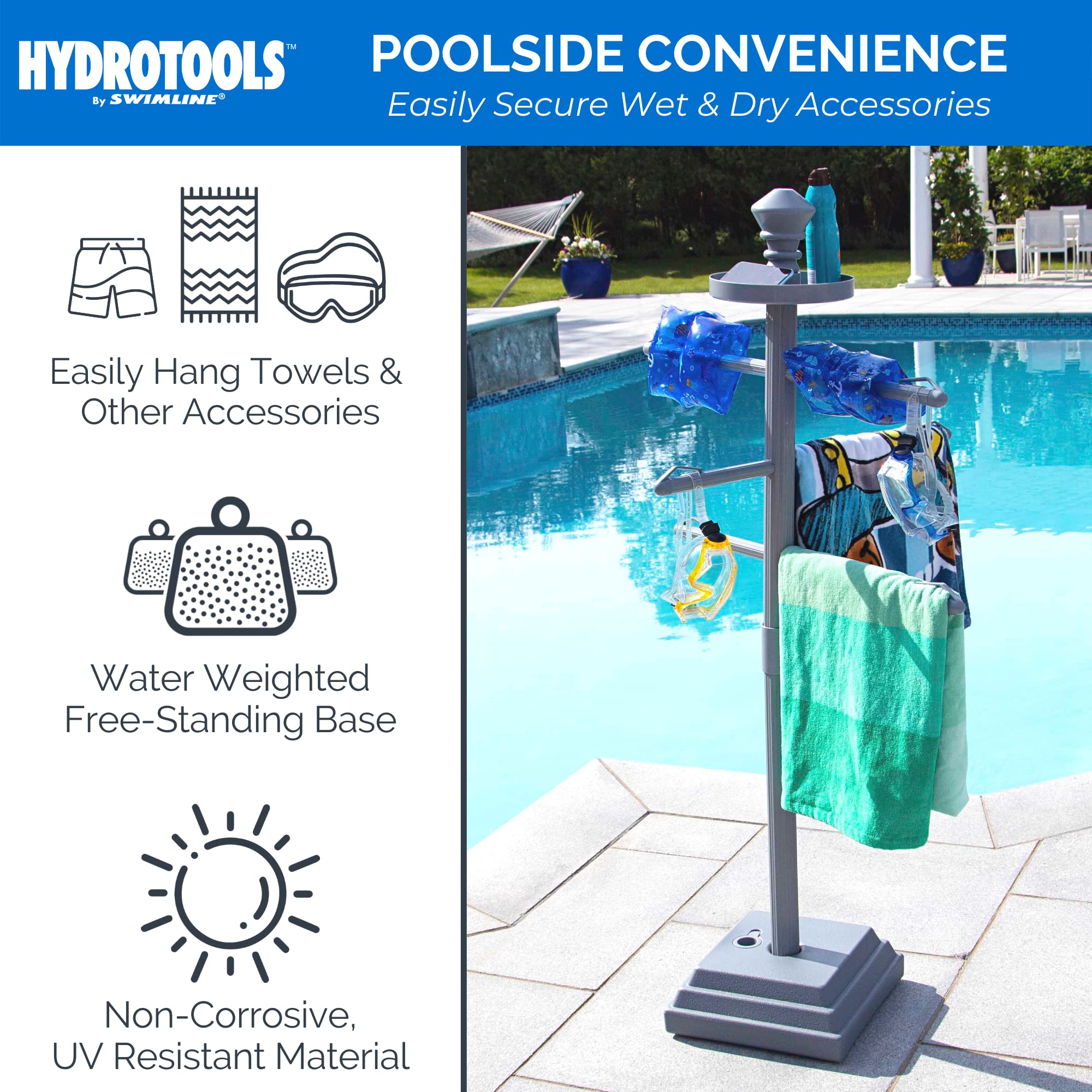 HYDROTOOLS BY SWIMLINE 89033 Premium Free Standing Poolside Valet Towel Rack Adjustable With Water Weighted Base Three Arms Secure Clips For Outdoors & Indoors Pool Patio Poolside Holder Drying Stand
