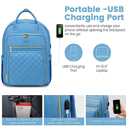 LOVEVOOK Laptop Backpack for Women, 15.6 Inch Computer Backpack for Teacher Nurse with Water Resistant, Lightweight Travel Work Backpack with USB Charging Port, Quilted Commuter Backpack, Angel Blue