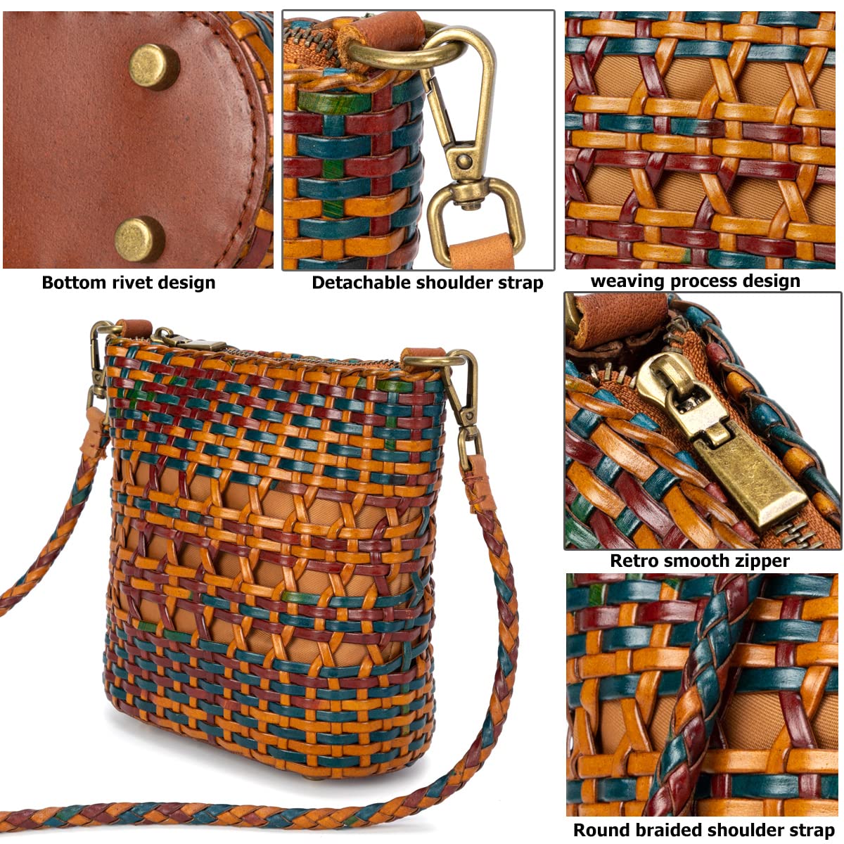 feilario Genuine Leather Handmade Woven Shoulder Handbags for Women, Small Vintage Top-handle Clutch Bag