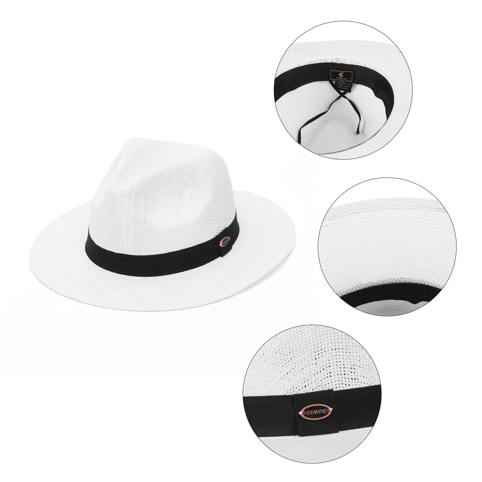 GEMVIE Straw Sun Hat for Men and Women Fedora Hat Straw Panama Hat for Summer Beach White