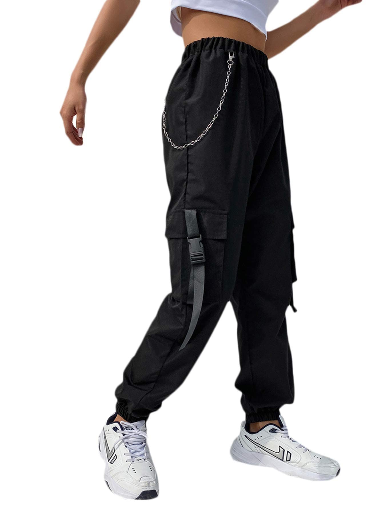 DIDK Women's High Waisted Flap Pocket Solid Jogger Cargo Pants with Chain Black M