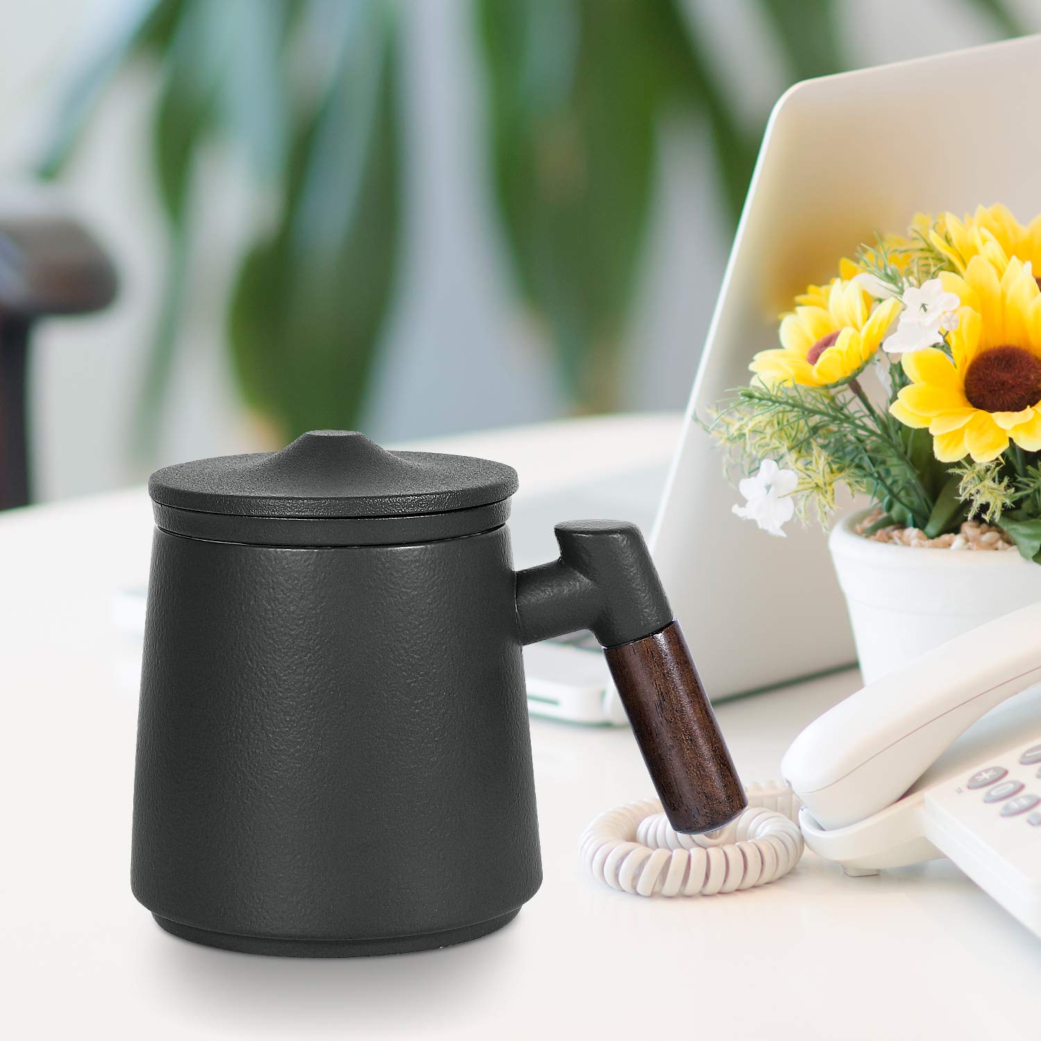 ERBAITM Sandalwood handle Tea Mug,Porcelain Tea Mug with Infuser and Lid,13.5 oz