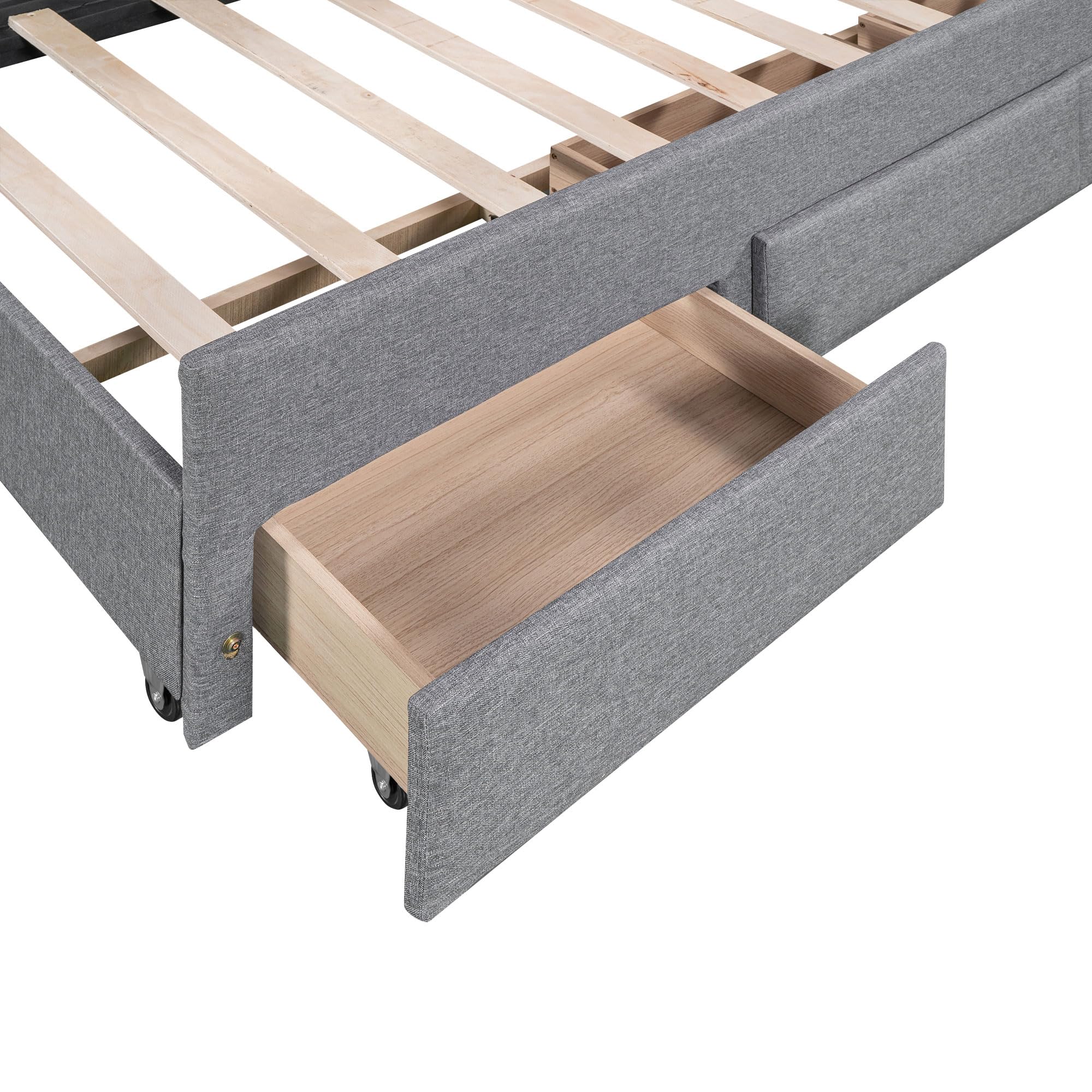 DNYN Upholstered Twin Size Platform Bed with Trundle & 3 Drawers for Kids Bedroom,Solid Wood Bedframe w/Storage & Headboard,No Box Spring Needed & Super Save Space,80.5" L x 80.75" W x 56.25" H, Gray