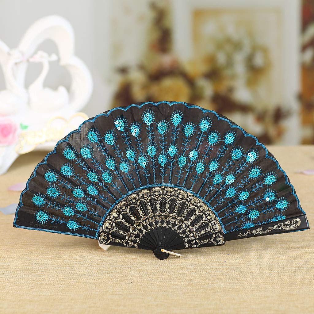 Folding Flower Hand Chinese Dance Wedding Silk Fan Style Lace Party Held Fans 6 Clip Fan Oscillating (Sky Blue-`, One Size)
