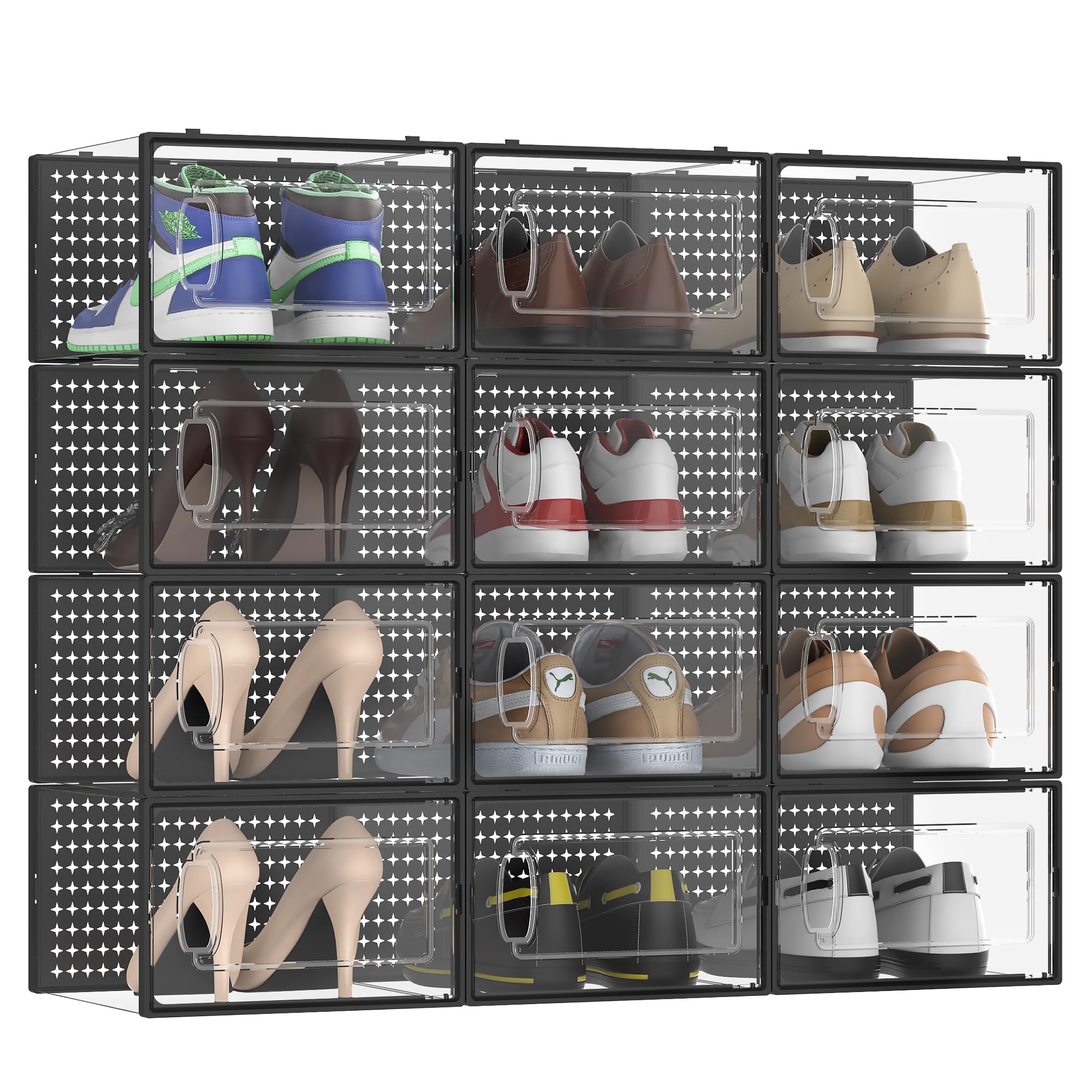 Fkprorjv Large Shoe Storage Box Organizer for Closet, 12 Pack Space Saving Versatile Clear Plastic Stackable Sneaker Shoe Rack Containers Bins Holders, Portable Closet Organizers and Storage, Black