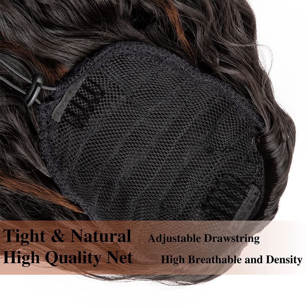 MOTEFOUS Long Wavy Drawstring Ponytail Extension Synthetic Natural Black Curly Wavy Ponytail Hairpieces for Women 24 INCH Wavy Drawstring Ponytail for Black Women (1B)