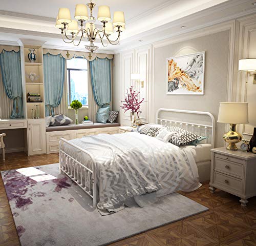 NEEBIRGELIA White Metal Bed Frame Queen Size with Headboard and Footboard Single Platform Mattress Base,Metal Tube and Iron-Art Bed(Queen,Grayish White)