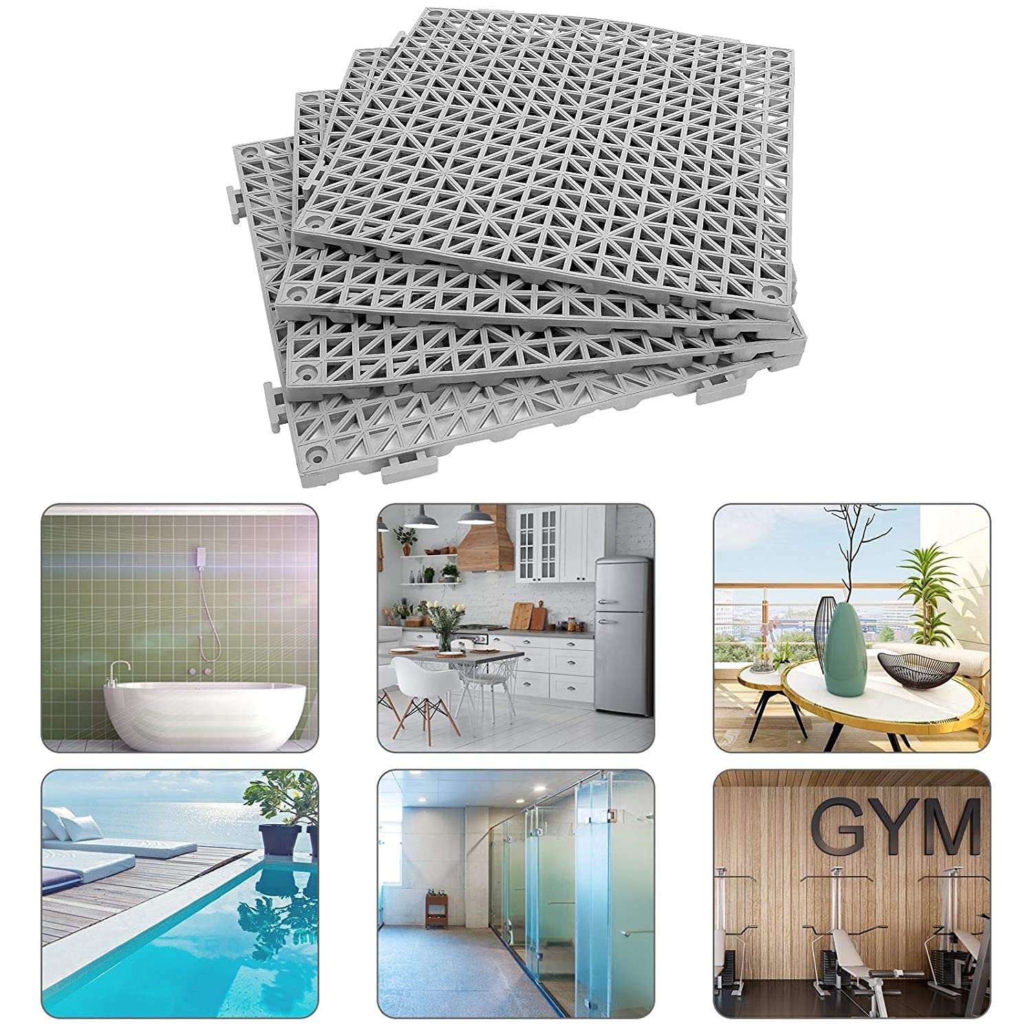 GLEEJON 12PCS Interlocking Soft PVC Flooring Tiles Mat, 12 x 12 Inch No-Slip Rubber Splicing Pool Patio Rugged Mats for Floor, Modular Interlocking Cushion Tiles Drainage Mats for Outdoor and Indoor