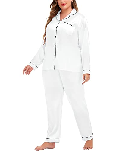 SWOMOG White Pajama Set for Plus Size Women Silk Satin Pajamas Long Sleeve Pjs Button-Down Pj Set Soft Sleepwear Set 22W