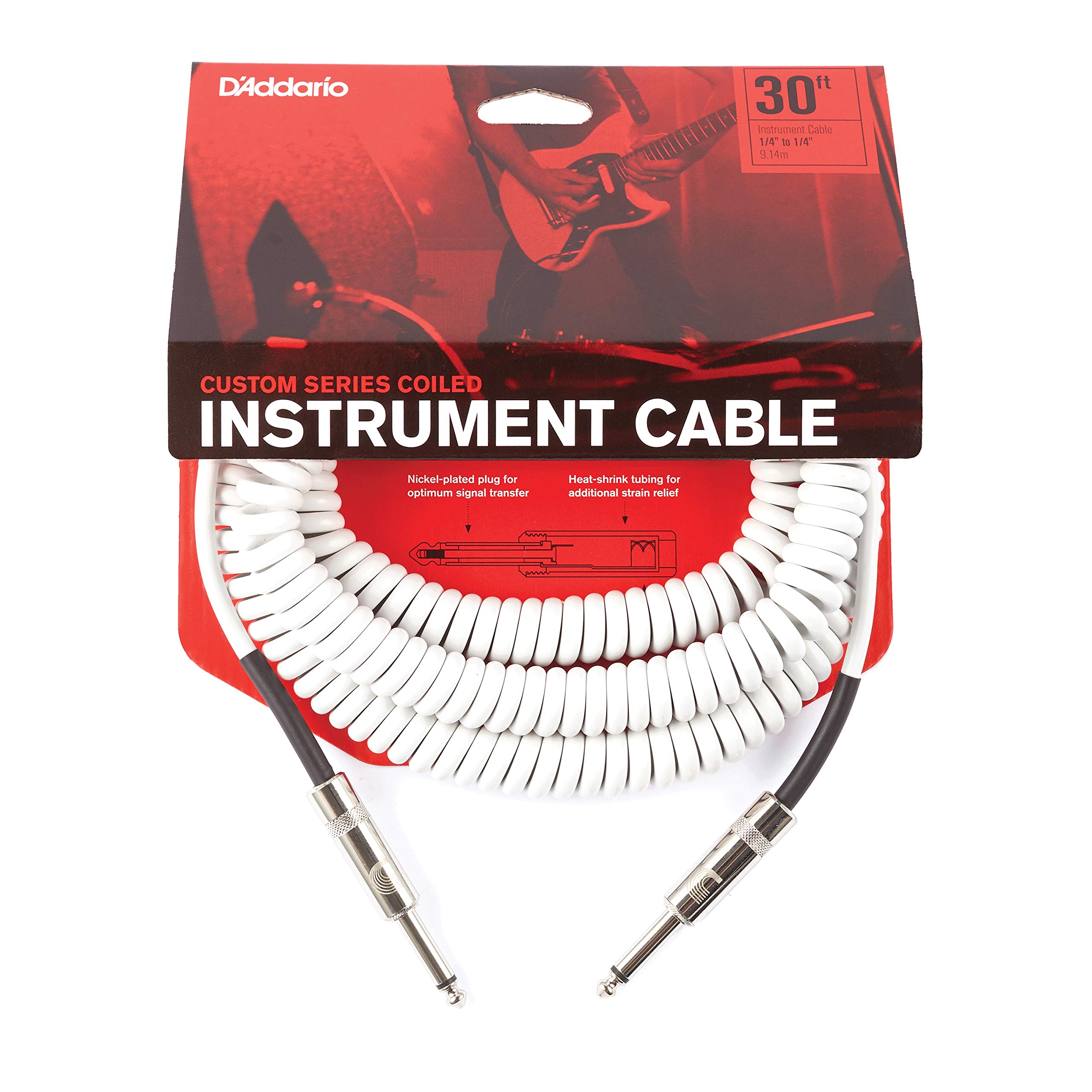 D’Addario Accessories Custom Series Coiled Guitar Cable - Coiled Instrument Cable with Nickel Plated ¼ Inch Ends - Warm, Vintage Look & Tone - 30ft (10ft Coiled) - White