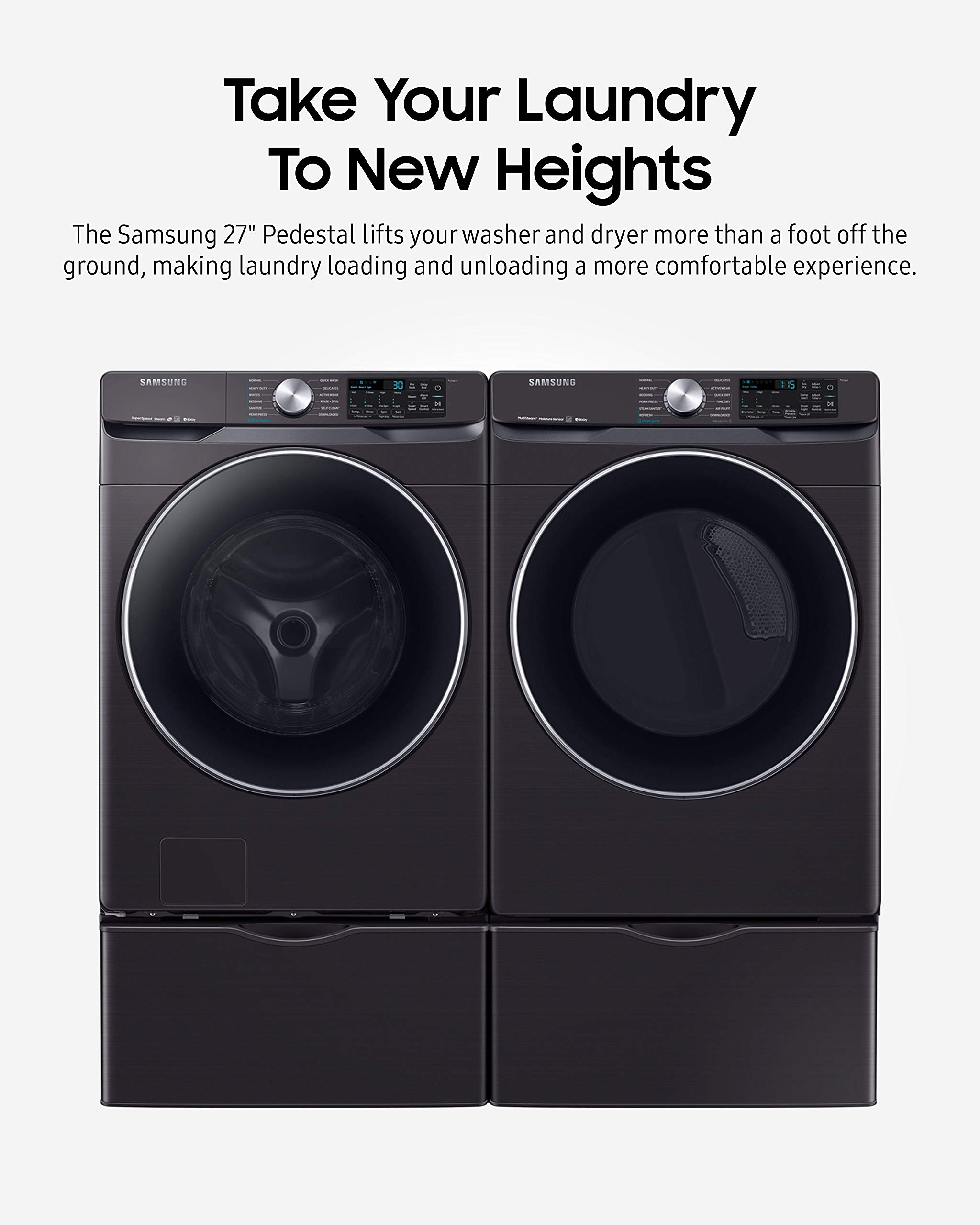 SAMSUNG 27-Inch Washer Dryer Pedestal Stand w/ Pull Out Laundry Storage Drawer, Stainless Steel, WE402NV/A3, Brushed Black
