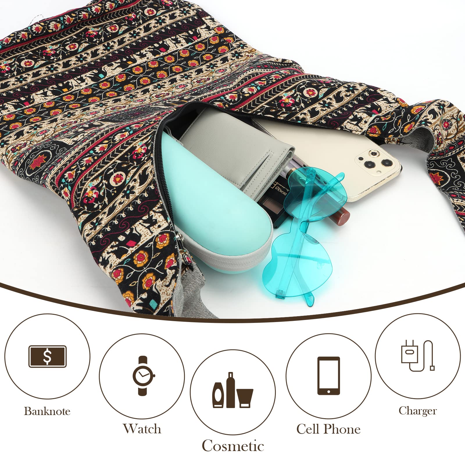 Fecialy Bohemian Shoulder Bag Printed Hippie Hobo Sling Bags Canvas Crossbody Bag for Women