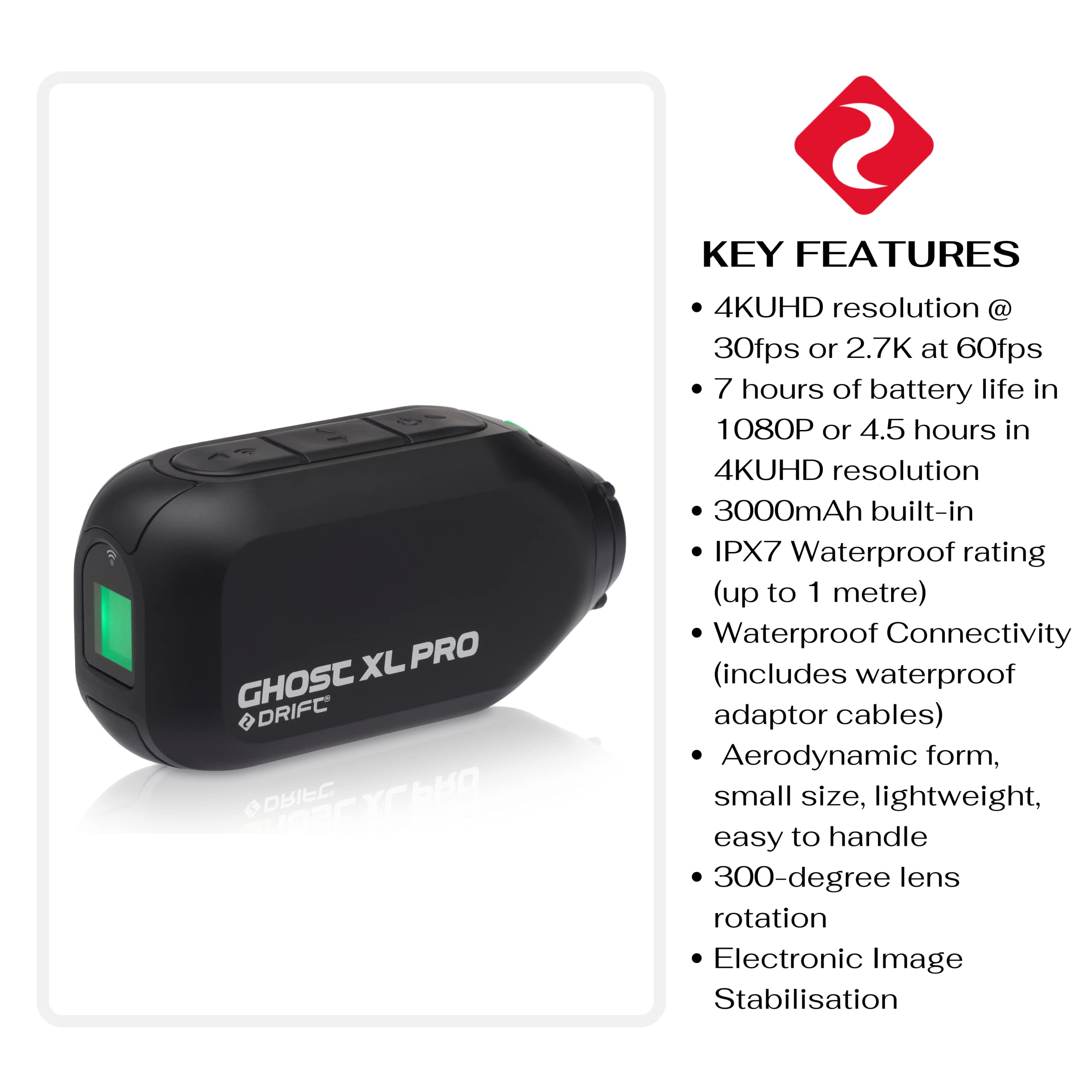 Drift Ghost XL Pro - 4K Action Camera, Image Stabilization, Waterproof, Rotatable Lens, Dashcam Mode, Livestreaming, Clone Mode, 7hr Battery Life at 1080P & 4.5hr Battery Life at 4K (XL Pro)
