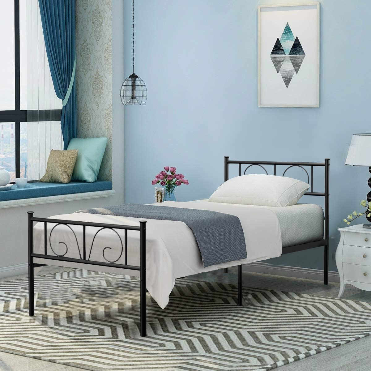 Twin Bed Frames Black for Boys Teenagers Adult, Single Platform Steel Bed Frame with Storage Girls Twin Size Beds Mattress Foundation Metal Slats Support with Headboard Footboard No Box Spring Needed