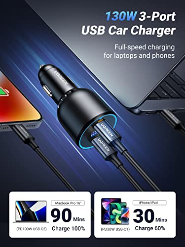 UGREEN 130W USB C Car Charger, PD 100W +PD 30W Type C Car Charger Adapter, Fast Charging Car Charger Compatible with Cell Phones, iPad, MacBook, and More (Comes with 100W USB C to USB C Cable)